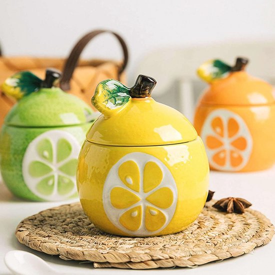 Keramische suikerpot en voorraadpot met deksel en lepel - Groene Pomelo ...