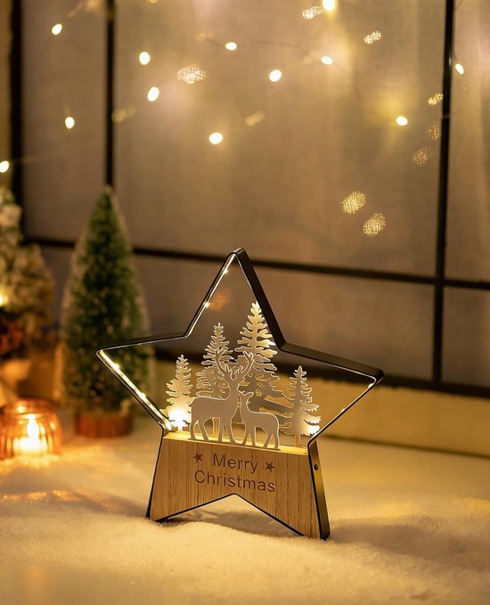LED houten decoratie ster - kerst - poinsettia lichten - verlichte ster ...