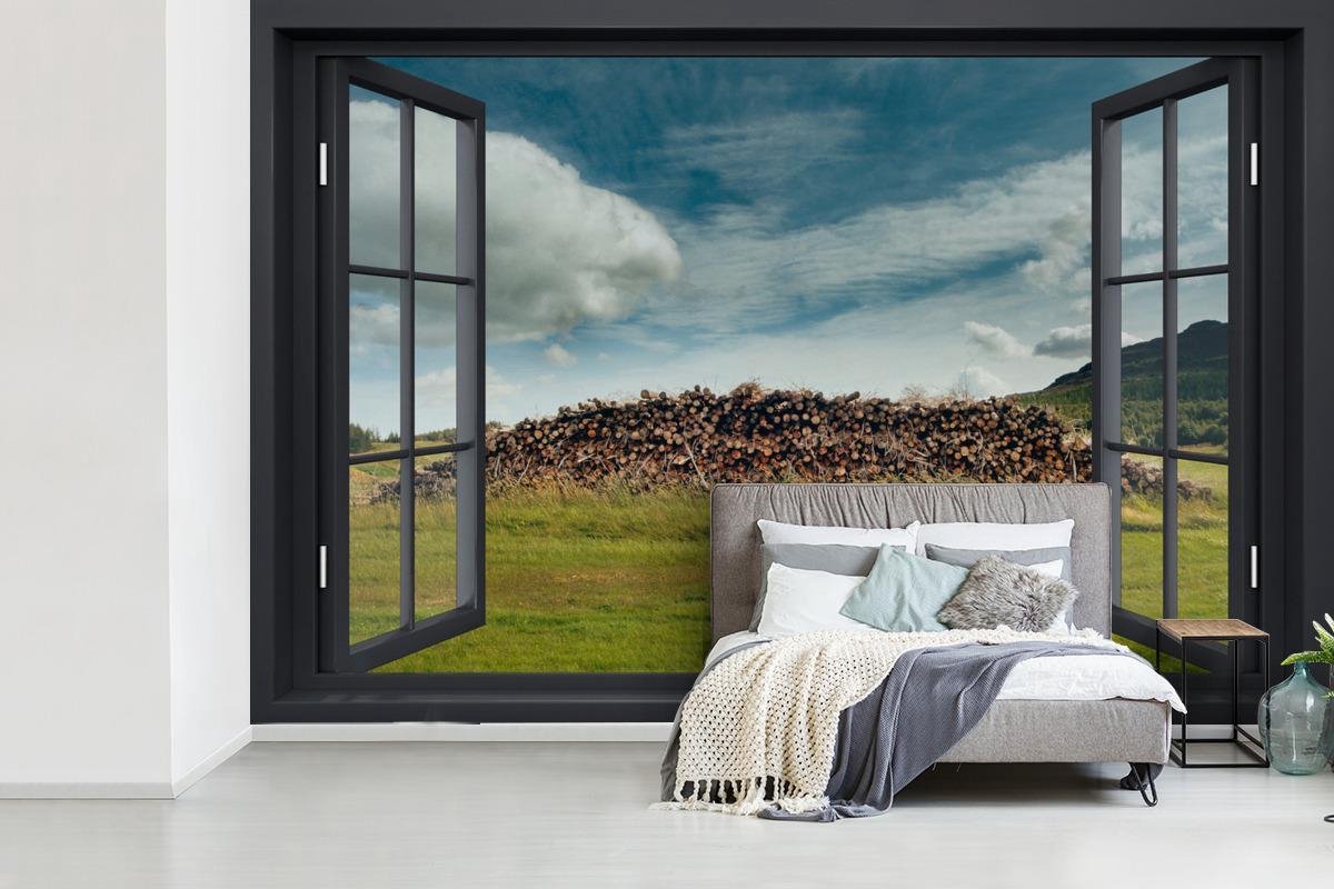 Behang - Fotobehang Doorkijk - Hout - Gras - Breedte 390 cm x hoogte ...