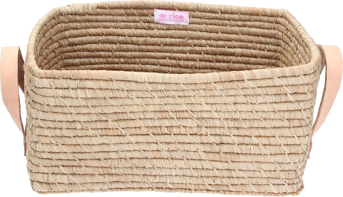 Rice Raffia Rectangular Basket w. Leather Handle L35xB23xH17 - Tea | bol.com