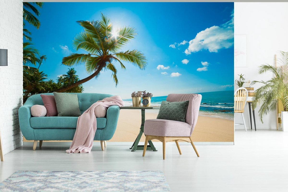 Behang - Fotobehang Strand - Zee - Zon - Palmboom - Breedte 450 cm x ...
