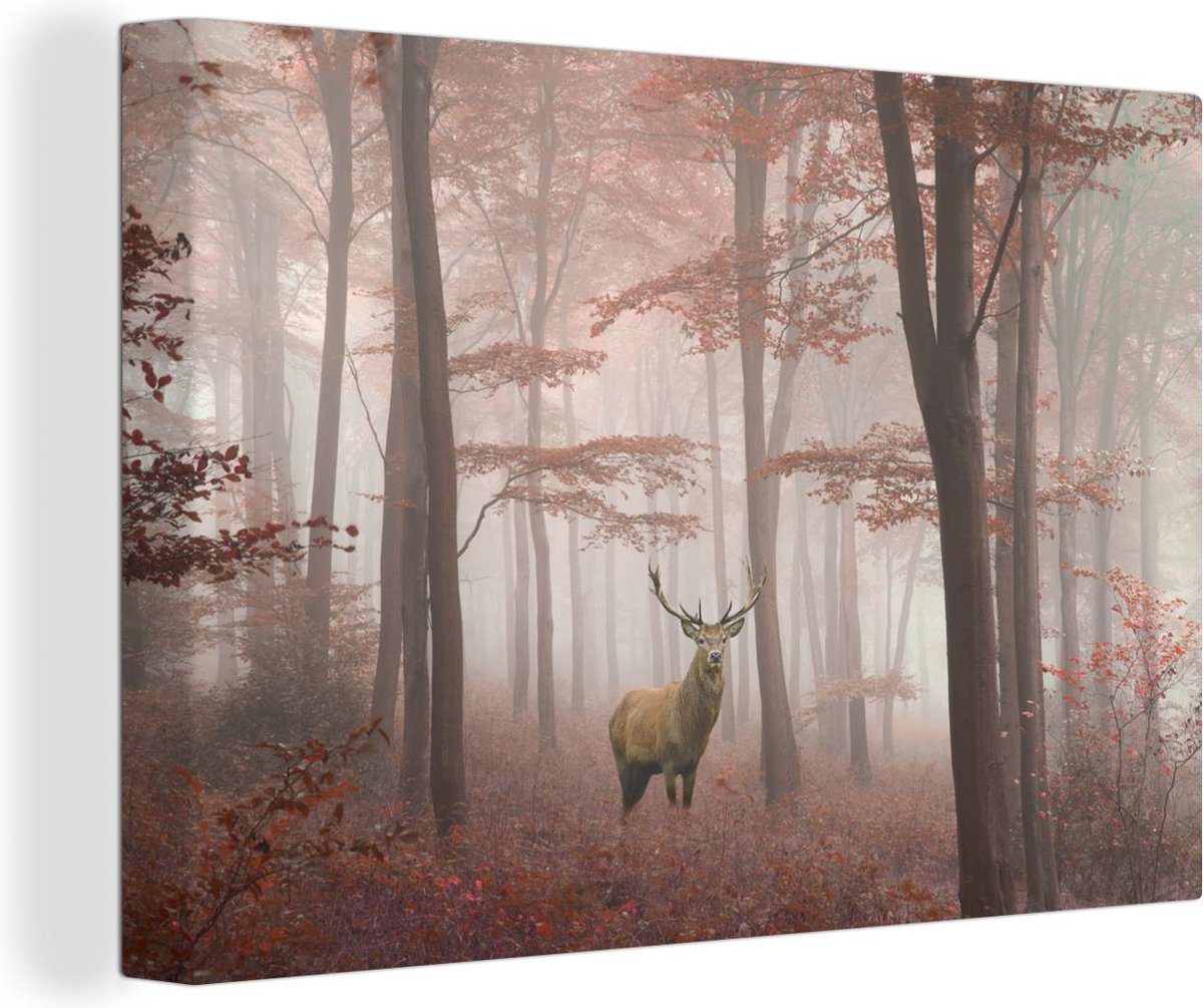 Canvas Schilderij Hert - Bos - Rood - Herfst - 120x80 cm ...