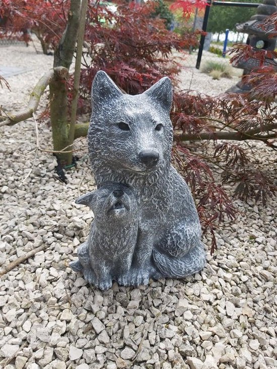 Wolf met jong beeld beton grijs winterhard 30cm hoog | bol