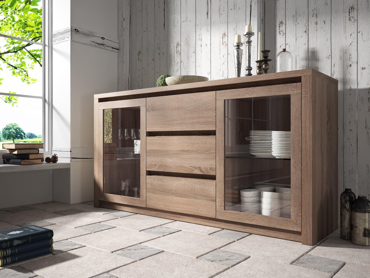 Meubella - Buffet Monaco avec verre - Chêne truffier - 140 cm | bol.com