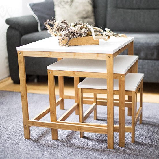 relaxdays 3x tafel bamboe hout - Houten bijzettafel set - 3 hoogtes ...