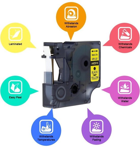 3x D1 standaard compatible labels Dymo 40918 Zwart op geel / 9mm x 7m ...