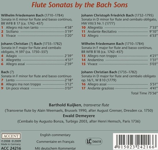 Flute Sonatas By The Bach Sons (CD), Barthold Kuijken/Demeyere, Ewald ...