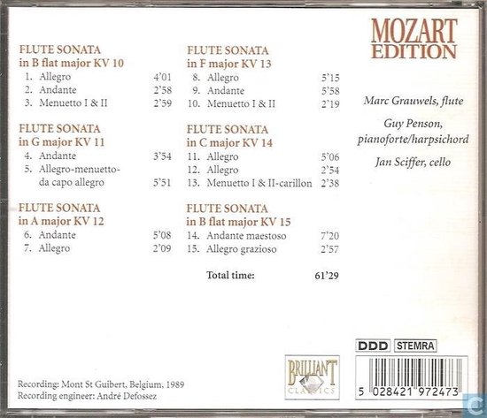Mozart: Flute Sonatas KV 10-15, Marc Grauwels / Guy Penson | CD (album ...