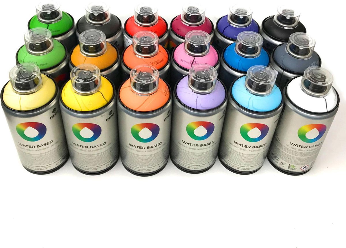 MTN Waterbasis spuitverf pakket - 18 kleuren spuitbussen - 300ml lage ...