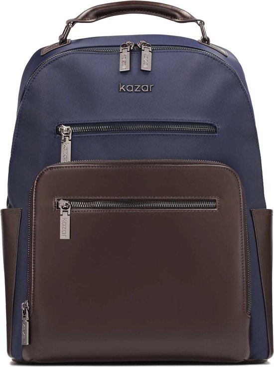 Navy blue and brown men's leather and fabric backpack | bol.com