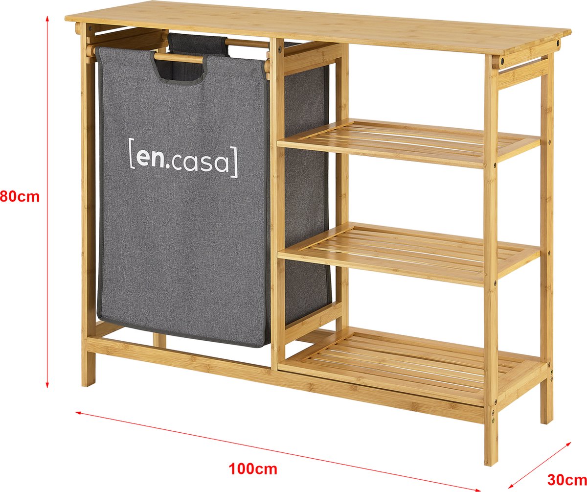 Wasmand - Wasrek - Met waszak - Bamboe & stof - Hout kleurig & grijs ...