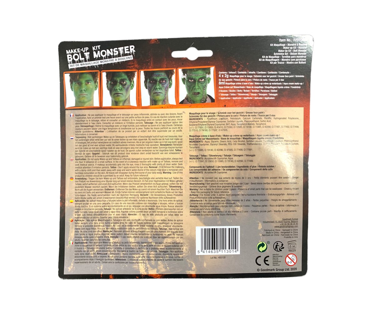 Halloween schminkset Bolt Monster - make up kit compleet horror thema ...