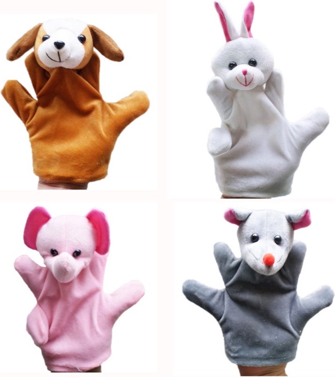 Pluche Dieren Handpoppen | 4 stuks | Poppenkastpoppen Hond, Konijn ...