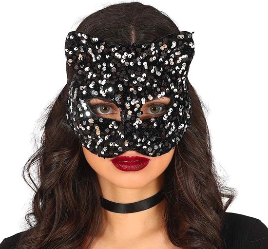 Fiestas Guirca - Masker Zilveren Pailletten Kat - Halloween Masker ...
