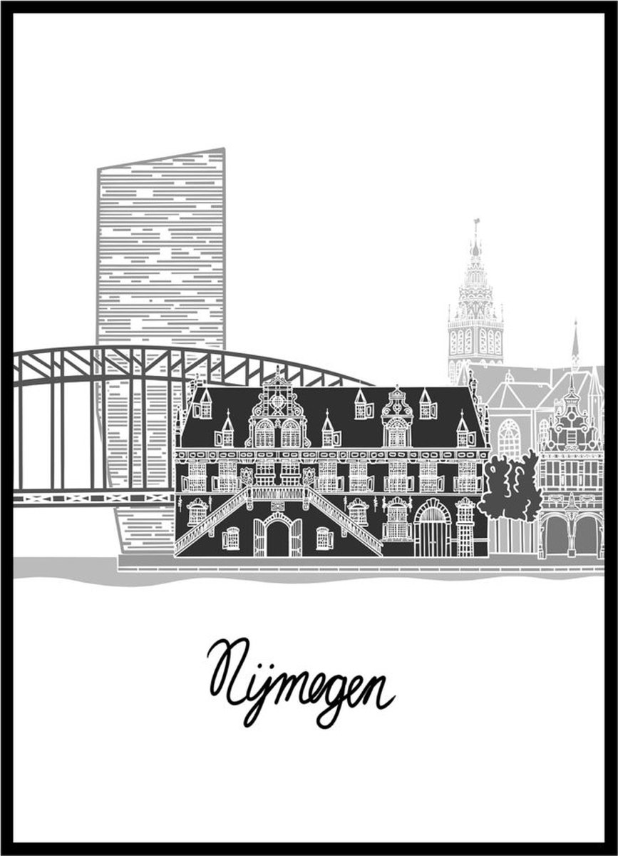 Poster Skyline Nijmegen - Large 30x40 - Zwart-Wit - Waalbrug ...