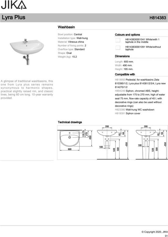 Jika Lyra Plus Wastafel H19.5xD49cm 1 kraangat Rond Keramiek Wit | bol