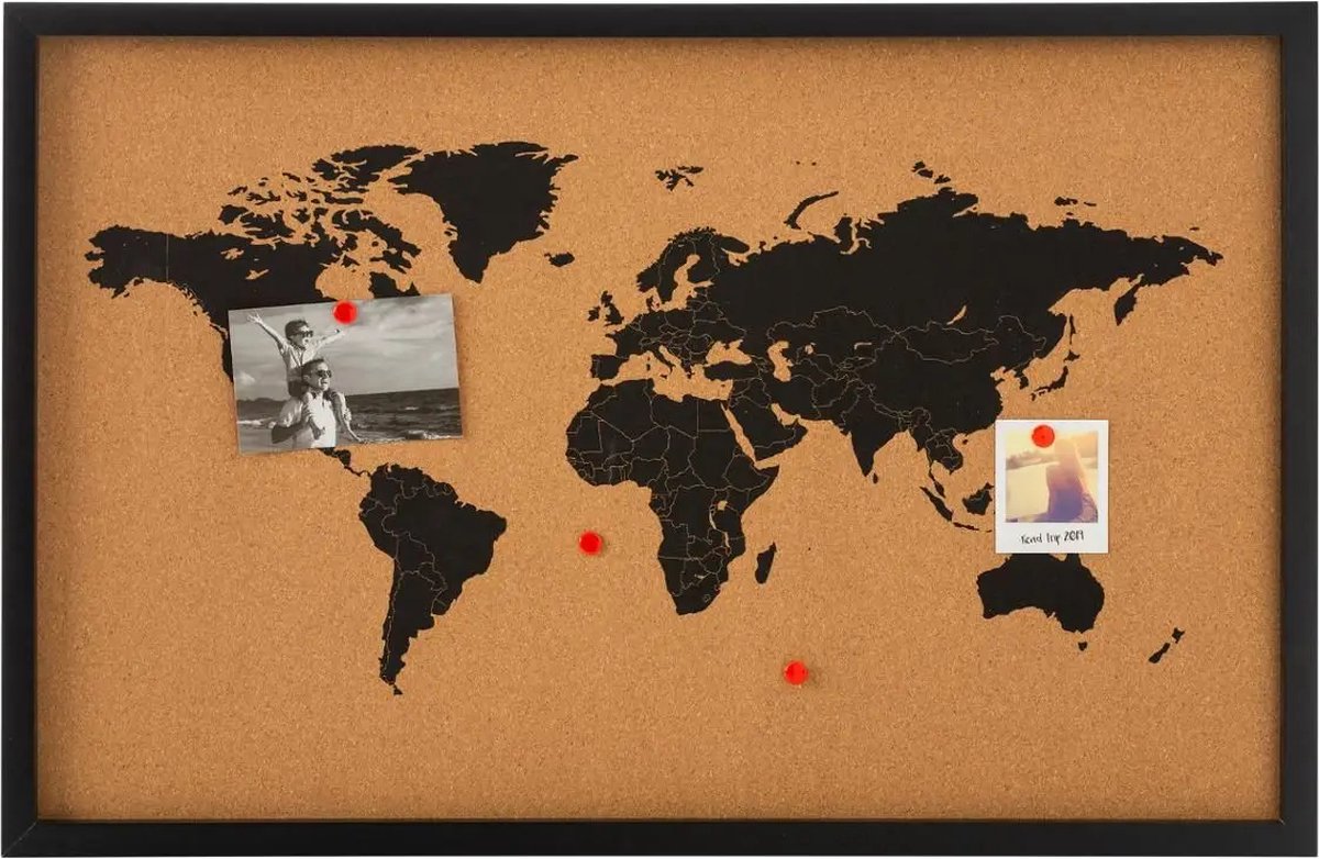 Wereldkaart Kurk - Prikbord - Large 38x58 cm - Inclusief Prikkers - In ...