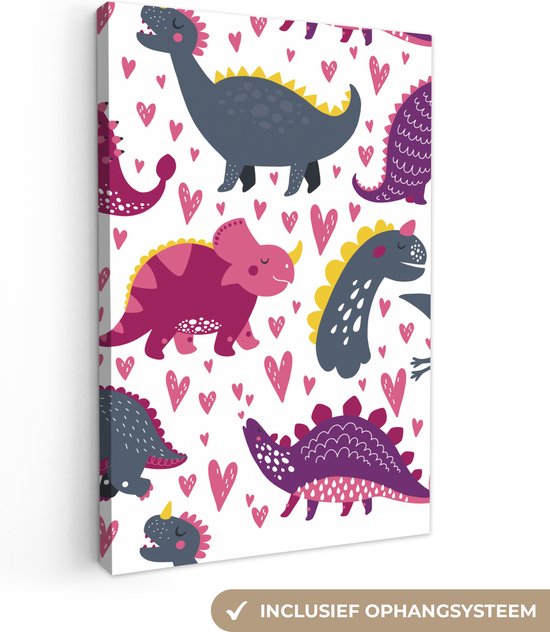 Canvas doek kids - Dinosaurus - Dieren - Roze - Kinderen ...