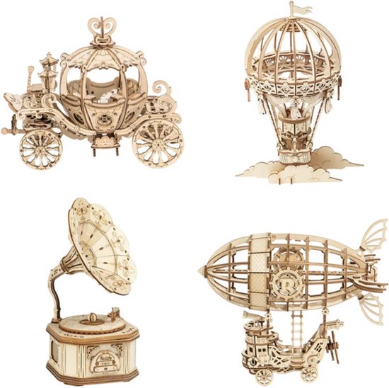 Robotime - Volledige set - Luchtschip - Koets - Megafoon - Luchtballon ...