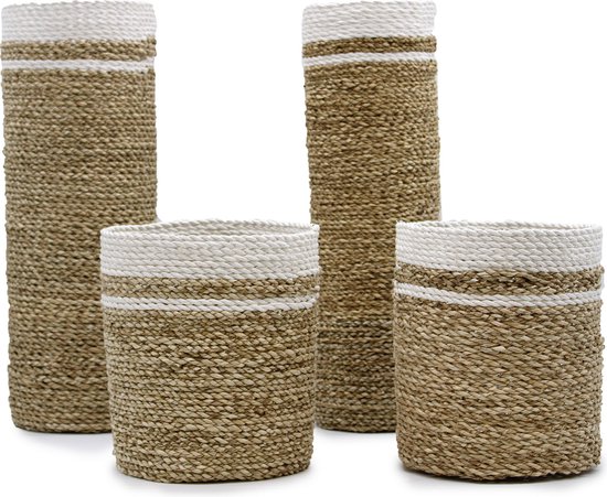 Rieten Manden Set - 4 Stuks - Naturel & Wit - Zeegras - Hoge Ronde ...