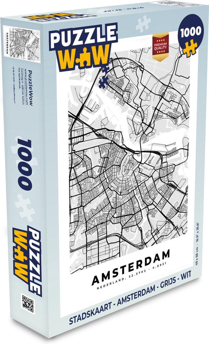 Puzzel Stadskaart - Amsterdam - Grijs - Wit - Legpuzzel - Puzzel 1000 ...