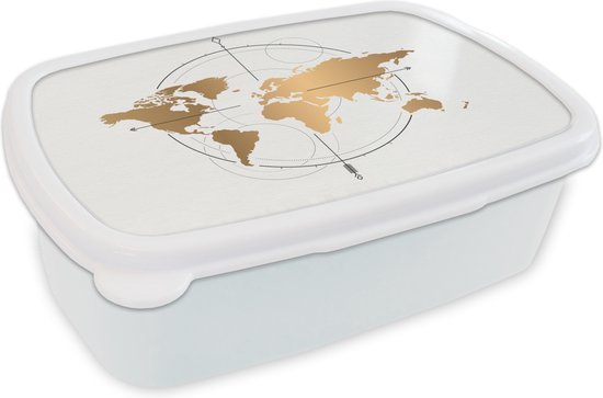 Broodtrommel Wit - Lunchbox - Brooddoos - Wereldkaart - Goud - Kompas ...