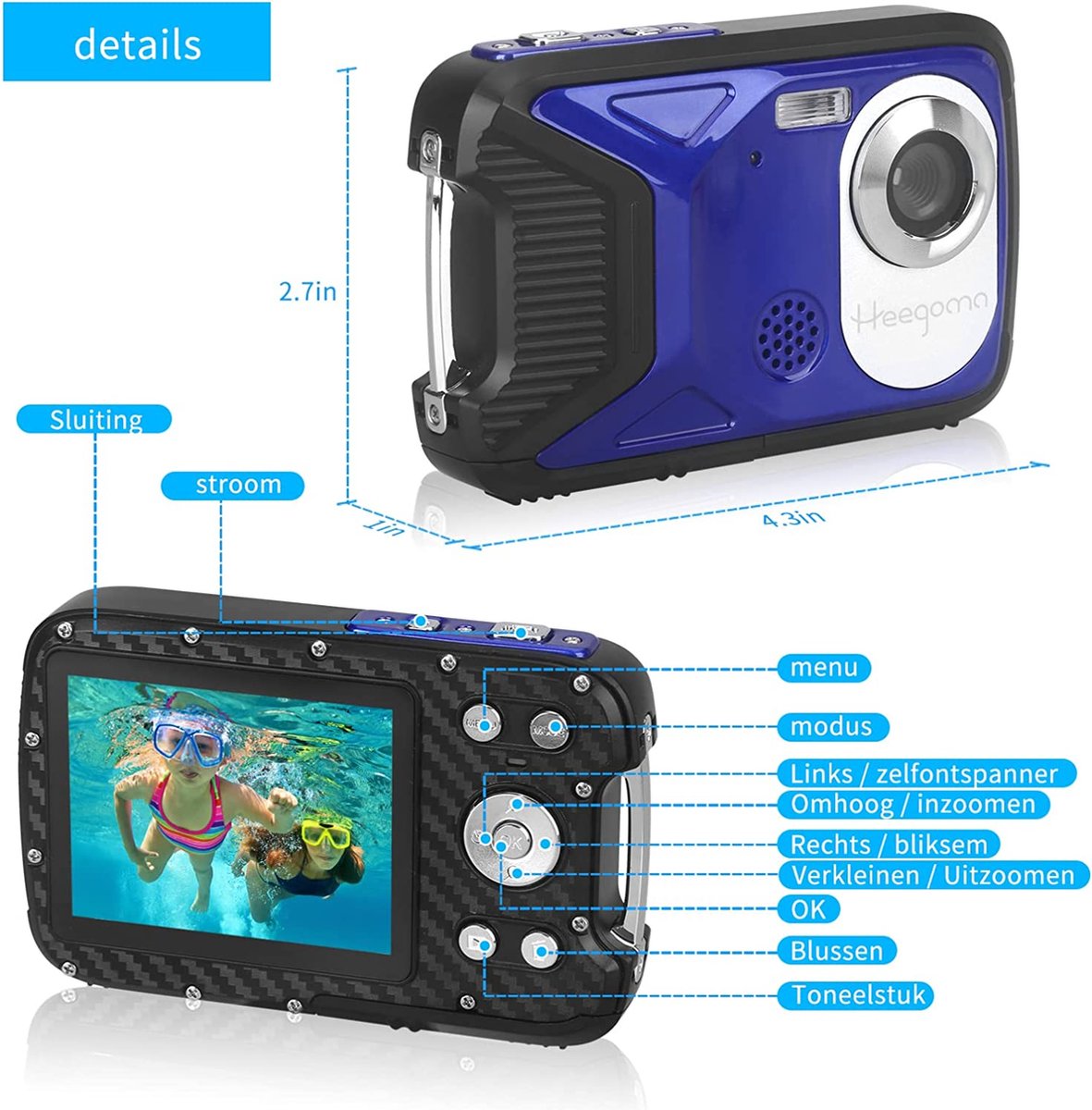 Waterdichte digitale camera voor kinderen, 16 MP Full HD 1080P, 8 ...