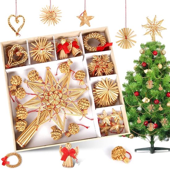 Kerstboomversiering, 36-delige kerstboomversiering van stro ...