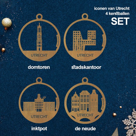 Houten Kerstbal SET 4 stuks - Utrecht - Domtoren - Warm hout | bol