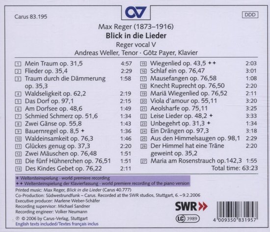 Andreas Weller & Götz Payer - Reger: Blick In Die Lieder (Reger Vocal V ...