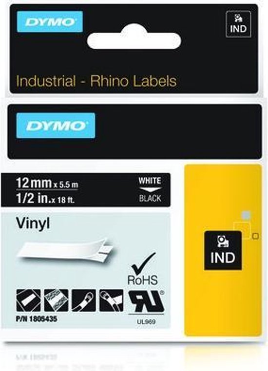 DYMO Rhino industriële Vinyl Labels | 12 mm x 5,5 m | witte afdruk op zwart |... | bol