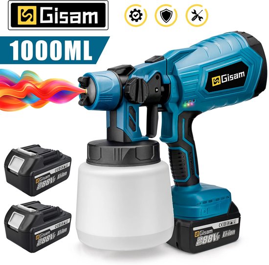 Elektrisch Verfspuitpistool – 3000 RPM – Draadloos incl. 2 Accu’s ...