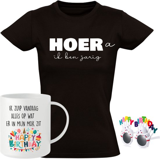 Hoera, ik ben jarig Dames T-shirt + Koffiemok + Happy birthday bril ...
