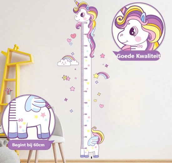 Groeimeter Sticker Eenhoorn | Meetlat tot 170 cm | Pastelkleurige ...
