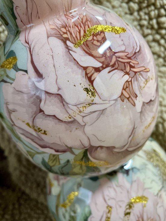 Vaas bloem print Roze / Witte tint - en Gouden details - 33 cm hoog ...