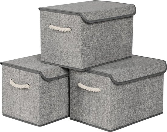 Opbergdozen Set van 3 - handgrepen - grijs - linnen look | bol
