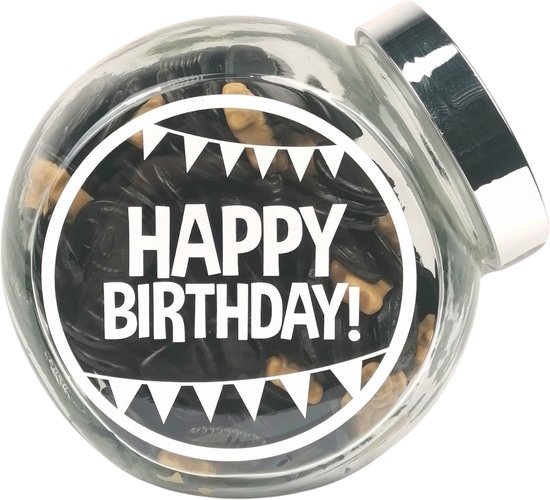 Snoeppot met deksel, gevuld met drop "Happy Birthday", verjaardag ...