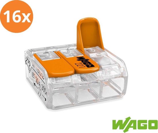 16 x WAGO lasklemmen 3-voudig | met klemmetjes | 221-413 | oranje | bol
