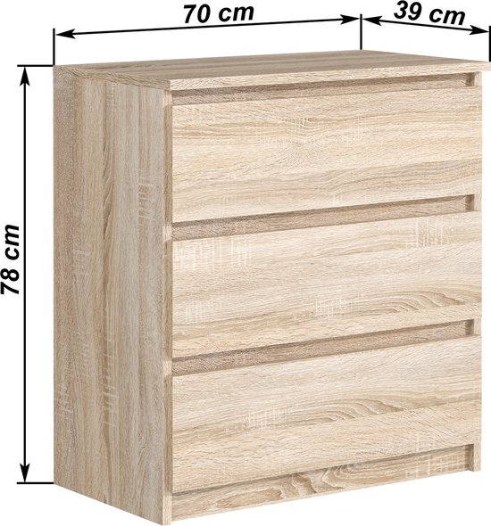 Pro-meubels - Ladekast Norton - Licht eiken - 70cm - 3 lades - Commode ...