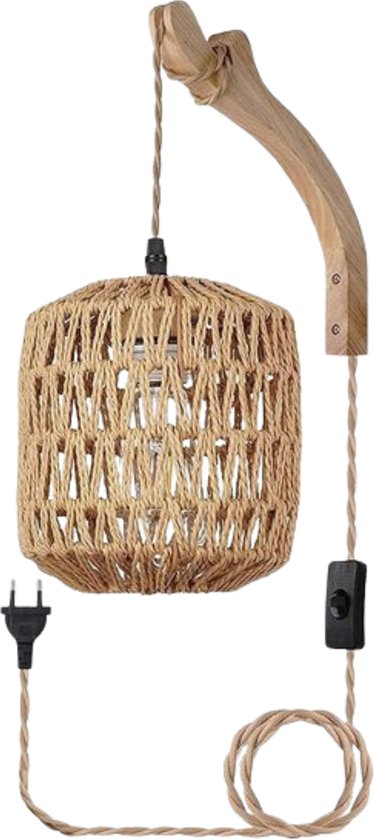 Vintage Wandlamp - Houten Design Met Rotan Schaduw - Voor Woonkamer en ...