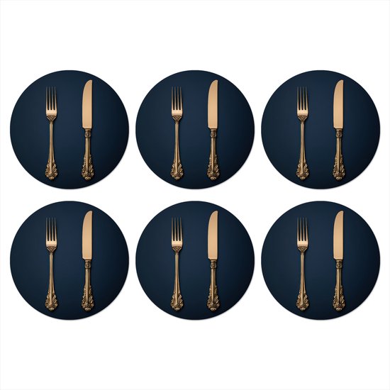 Onderzetters voor glazen - Rond - Bestek - Donkerblauw - Goud - 10x10 ...