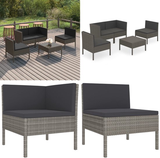 vidaXL 5-delige Loungeset met kussens poly rattan grijs - Loungeset ...