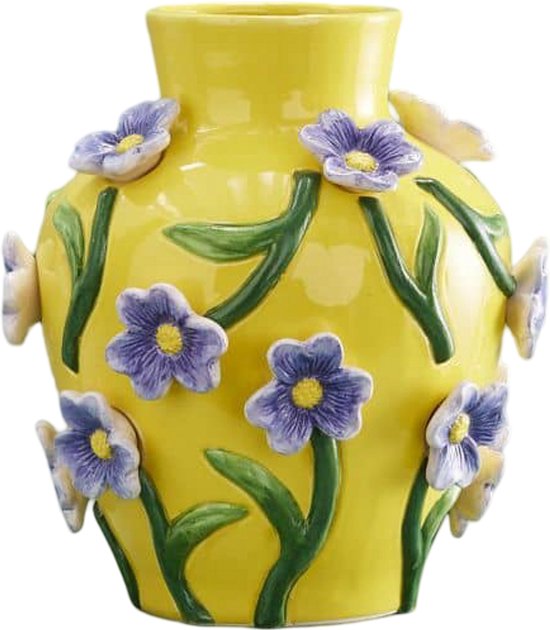 Vaas Spring Flower | Keramiek | 26x26x23 cm | Geel met paarse bloemen | bol