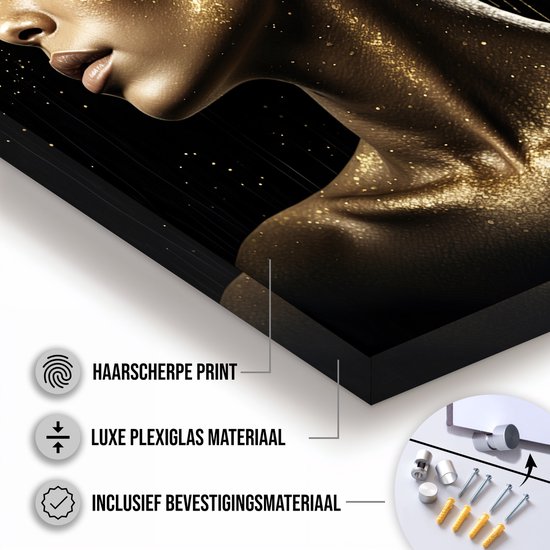 Glasschilderij Gouden bloemenpracht godin - 120 x 80 cm - Vrouw - Bloemen en Planten,... | bol