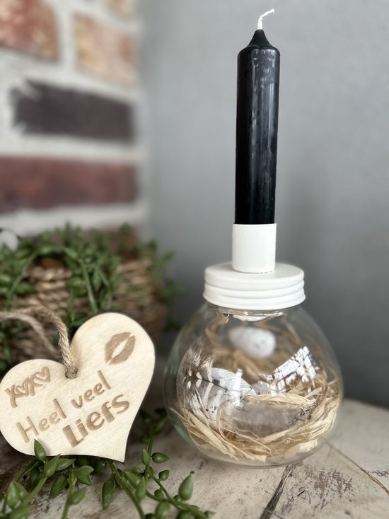 Creaties van Hier - Kaarsenhouder met houten hartje en kaars - Glas met ...