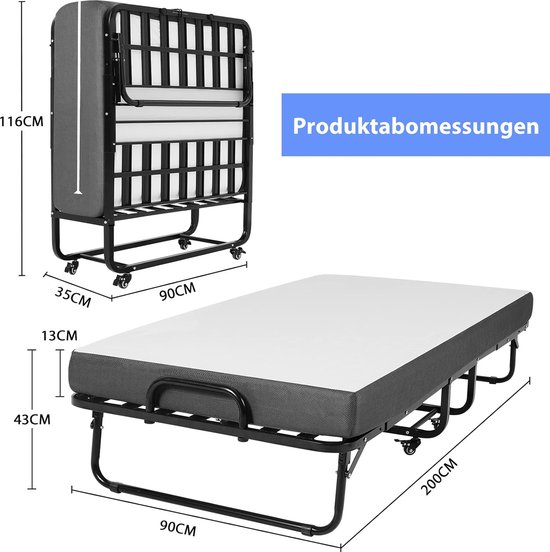 Opklapbed, 90 x 200 cm, voor volwassenen, met ca. 13 cm, matras van ...