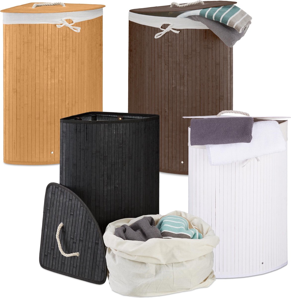 Relaxdays 4 x wasmand bamboe - wasmanden met deksel - driehoek - 63 L ...