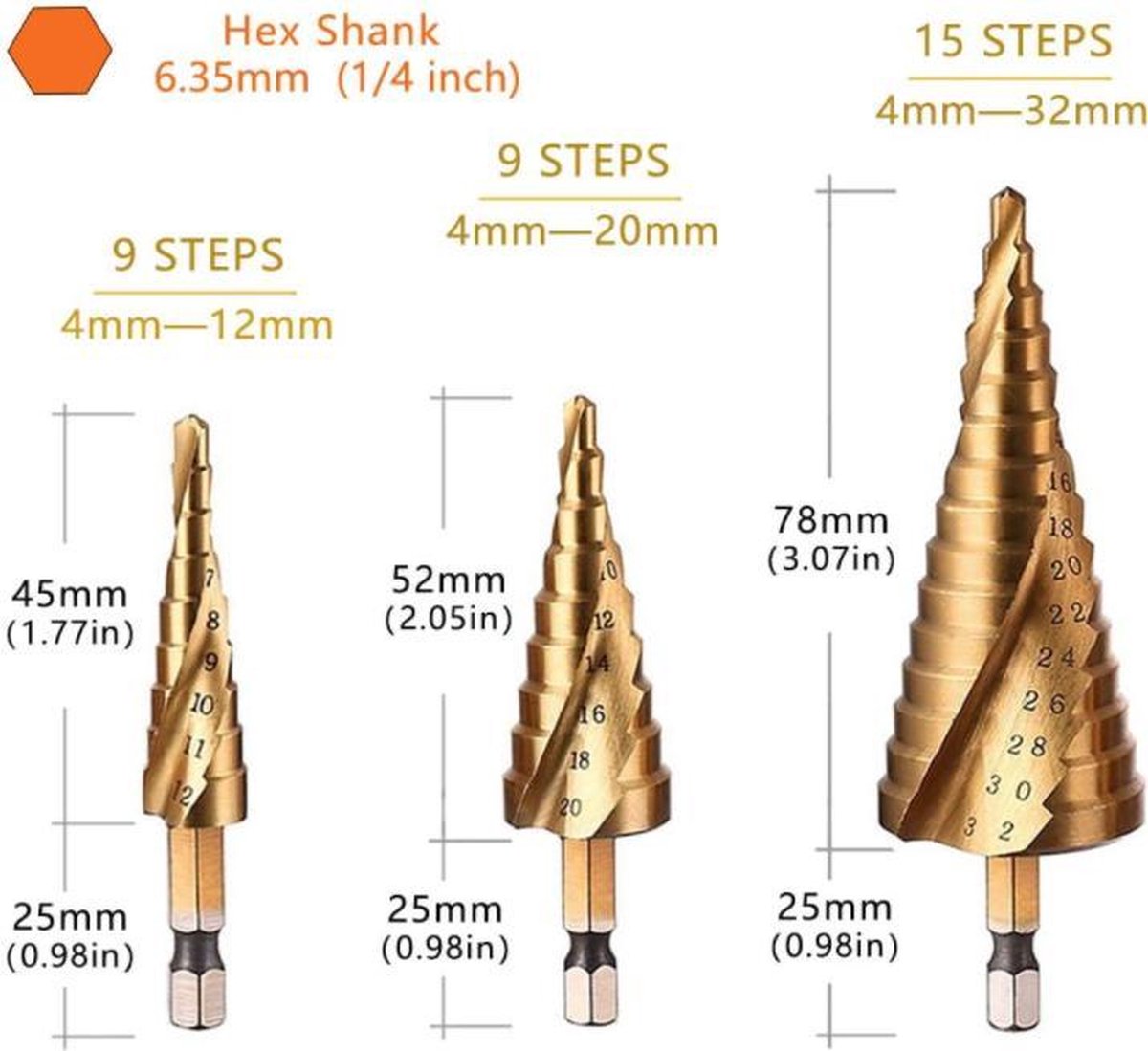 Trappenboor Set Spiraal Stappenboor Hout Metaal Kunststof Aluminium HSS ...