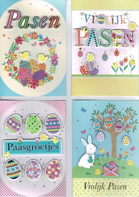4 Luxe Paaskaarten Vrolijk Pasen Wenskaarten - 12x17cm - Dubbele ...