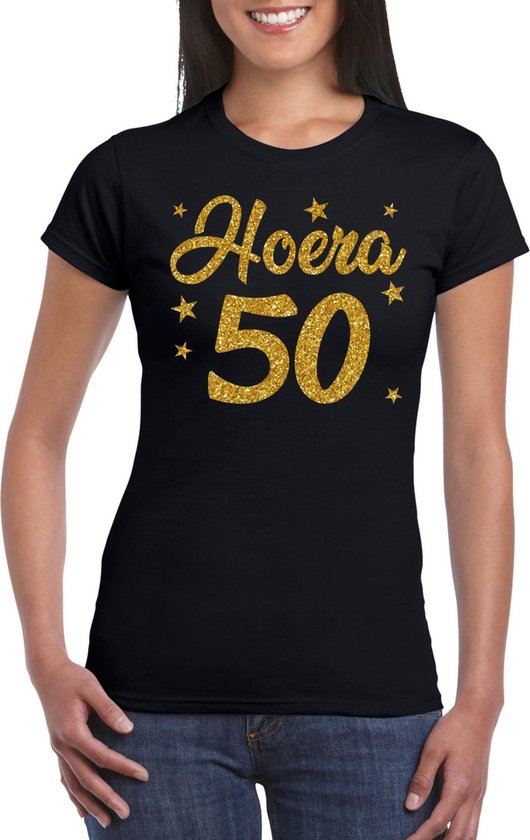 Hoera 50 jaar verjaardag cadeau t-shirt - goud glitter op zwart - dames ...